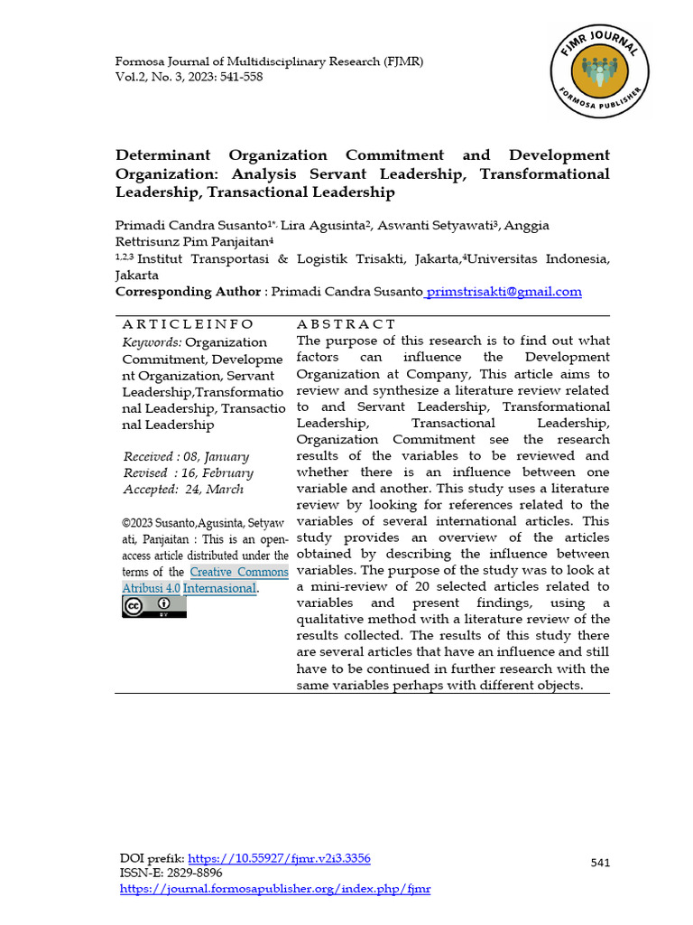 2023 Analysis Servant Leadership, Transformational Leadership, Transactional Leadership ...