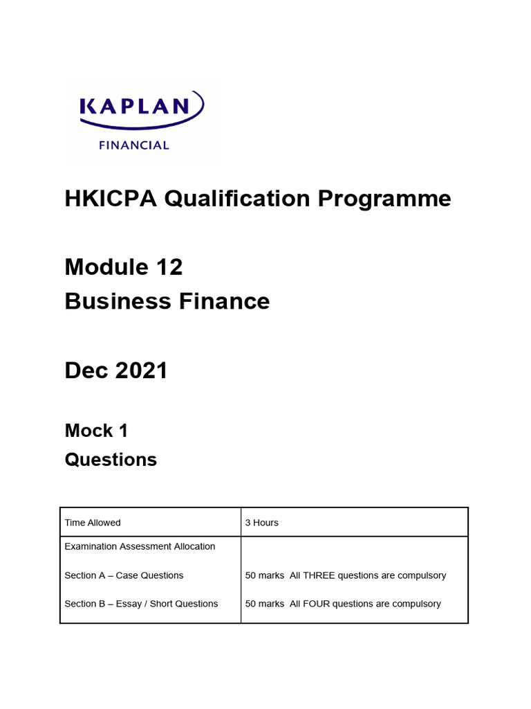 Dec2021 QP M12 Mock 1 Question | PDF | Cost Of Capital | Net Present Value