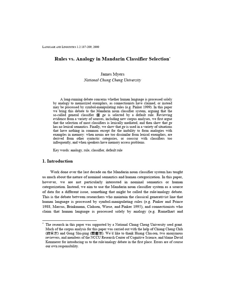 Rules vs. Analogy in Mandarin Classifier Selection | PDF | Analogy | Word Rules vs. Analogy in Mandarin Classifier Selection | PDF | Analogy | Word