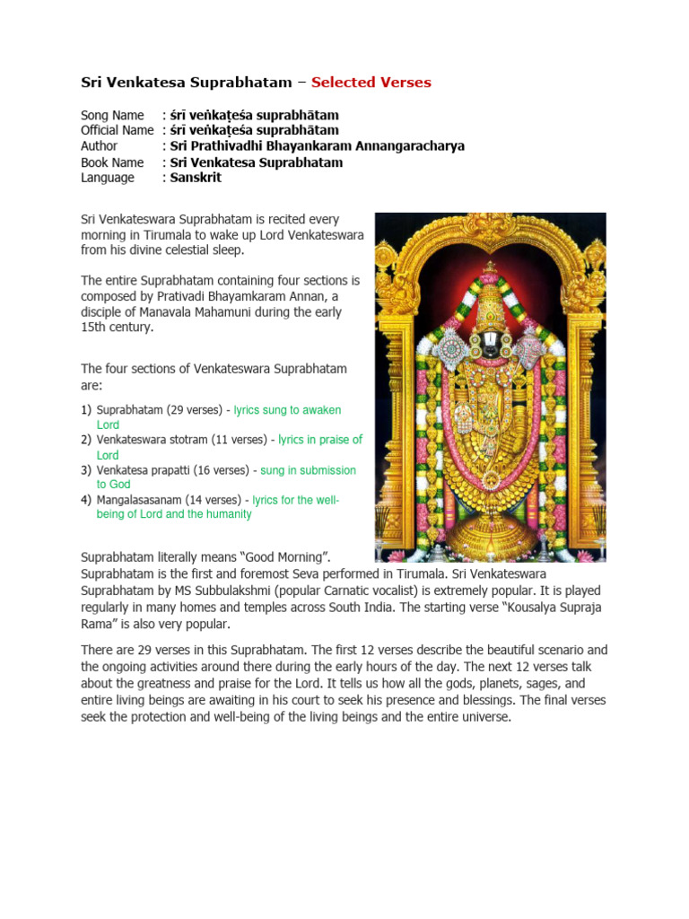Sri Venkatesa Suprabhatam Verses | PDF | Hindu Deities