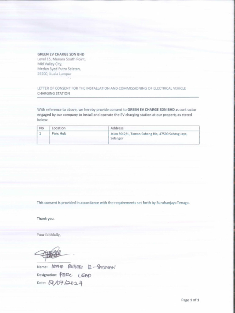 CONSENT LETTER FOR EV CHARGER INSPECTION (PARC HUB) | PDF