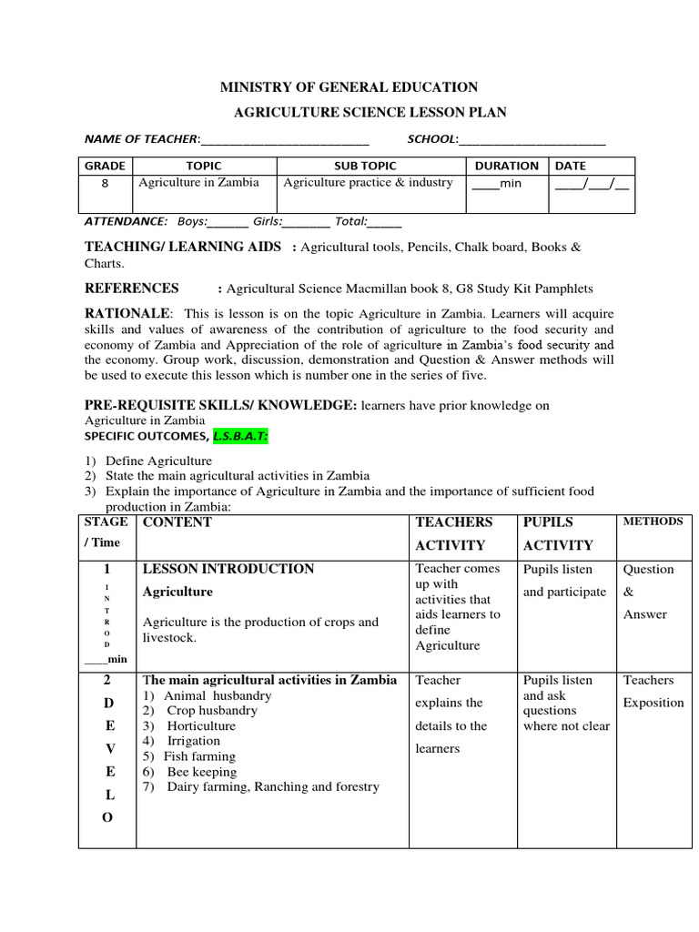 Agriculture Lesson Plan for Grade 8 | PDF | Agriculture | Learning