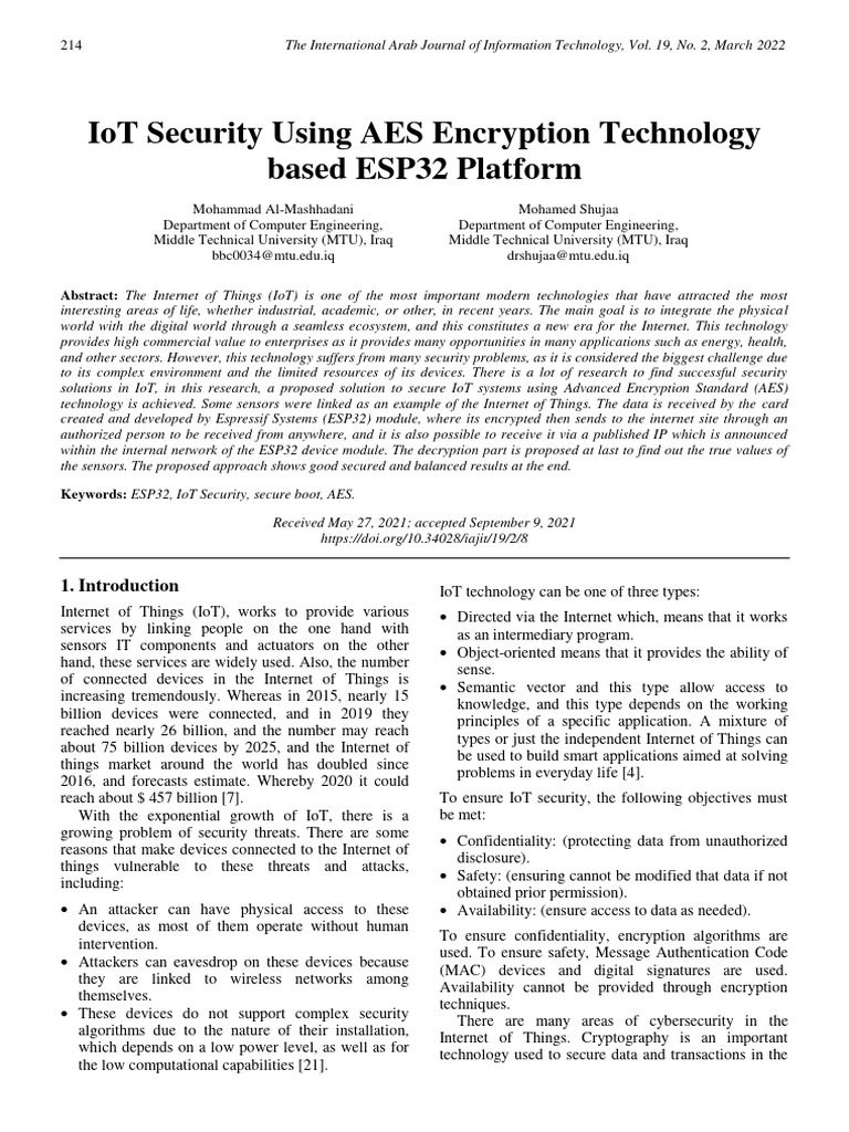 Iot Security Using Aes Encryption Technology Based Esp32 Platform | PDF | Cryptography ...