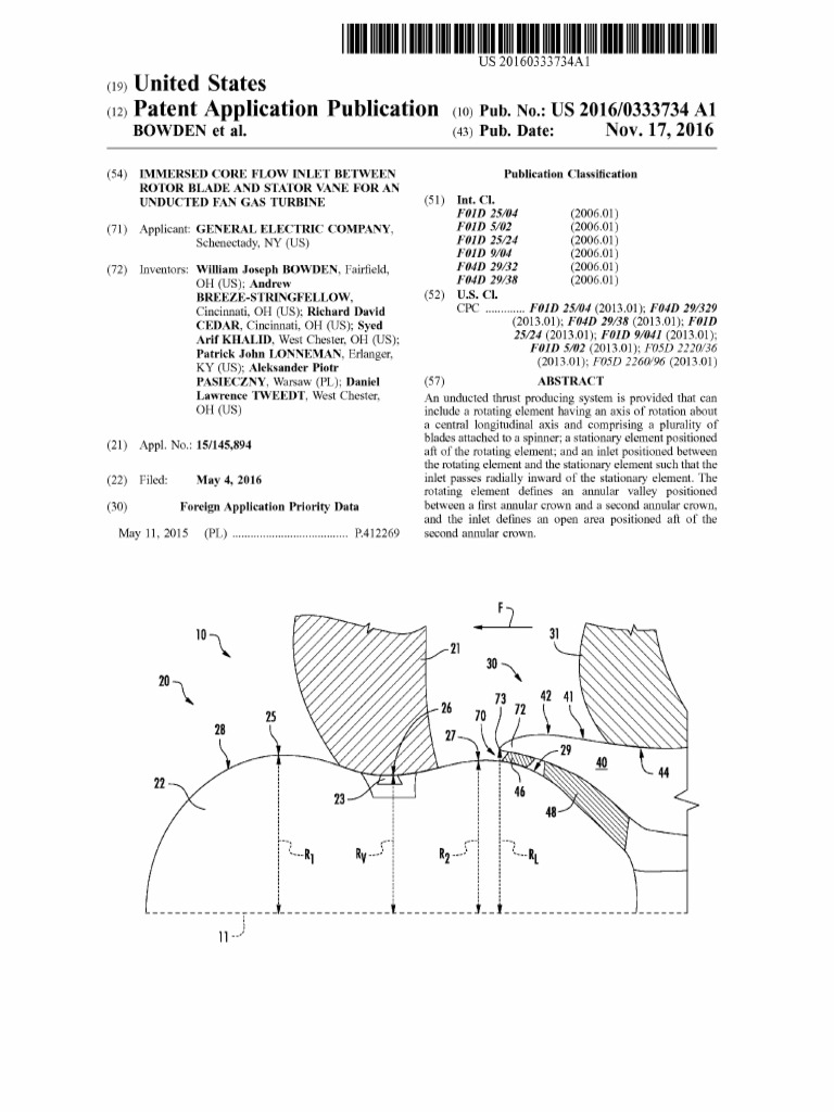 US20160333734A1-Immersed Core Flow Inlet Between Rotor Blade and Stator Vane For An Unducted Fan ...