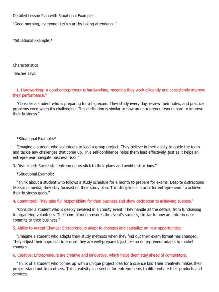 Detailed Lesson Plan With Situational Examples | PDF | Entrepreneurship ...