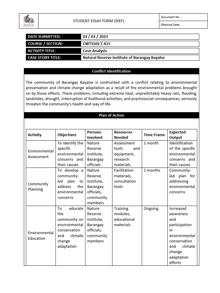 Case Analysis Essay Natural Reserve Institute of Barangay Bayalse | PDF ...