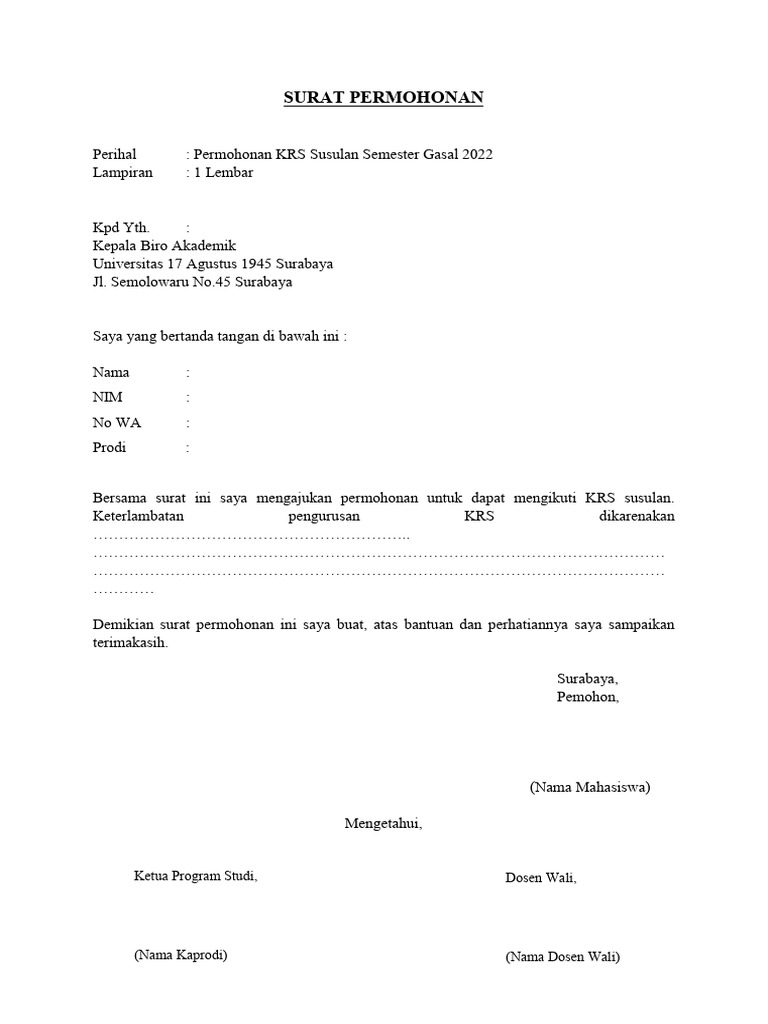Surat Permohonan Krs Susulan | PDF