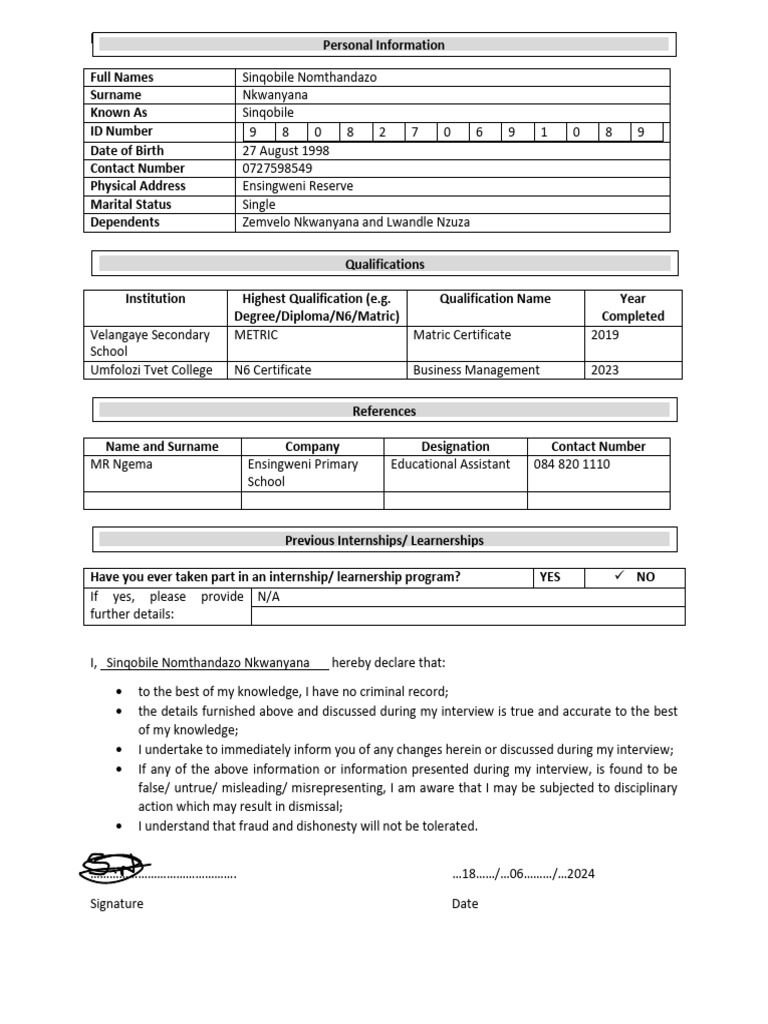 Blank Interview Declaration For SINQOBILE Nkwanyana | PDF
