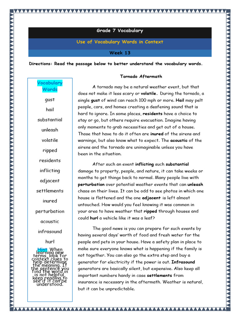 Grade 7 Vocabulary Week Understanding The Vocabulary Words in Context ...