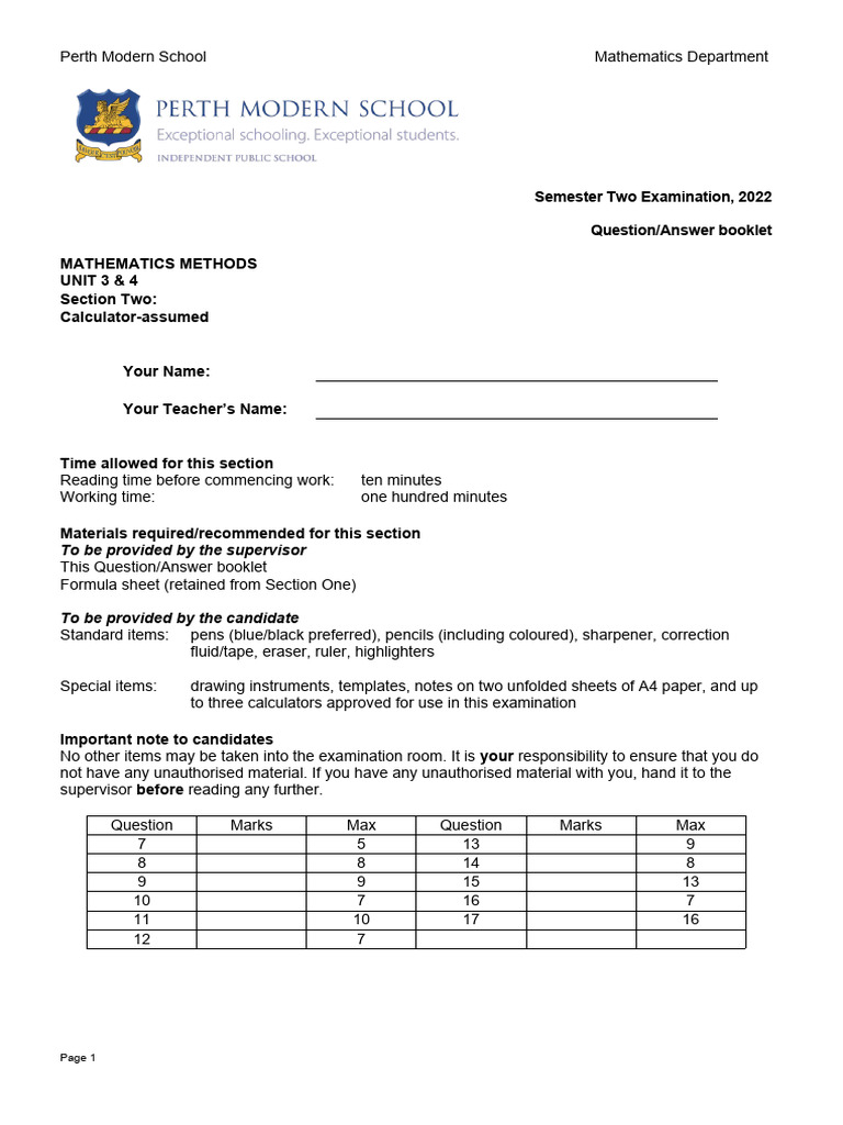 2022 Year 12 Mathematics Methods SEMESTER 2 Exam (CA) | PDF ...