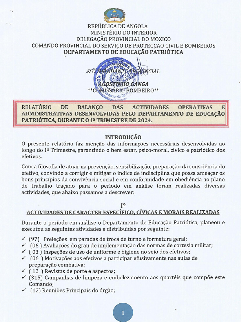 Relatório Do Iº Trimestre Do Dep Spcb Moxico 2024 | PDF