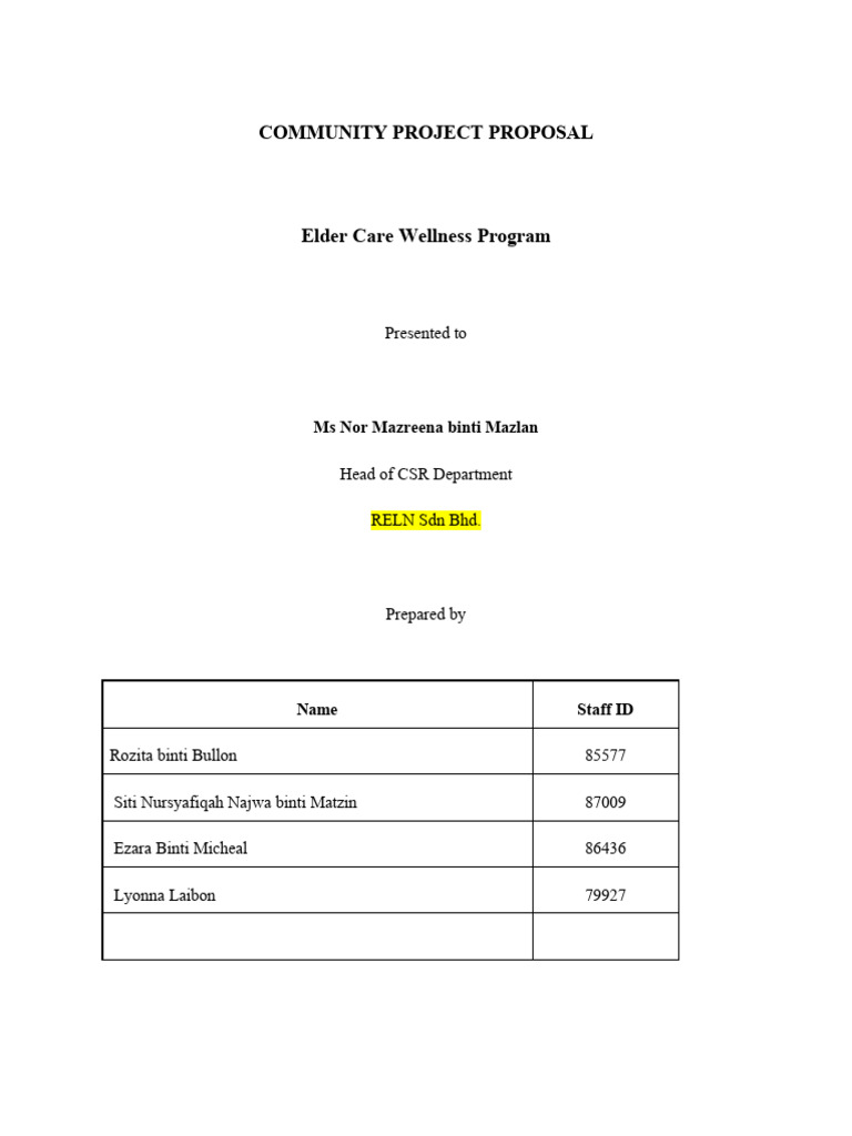 Community Project Proposal Latest | PDF | Elderly Care | Caregiver