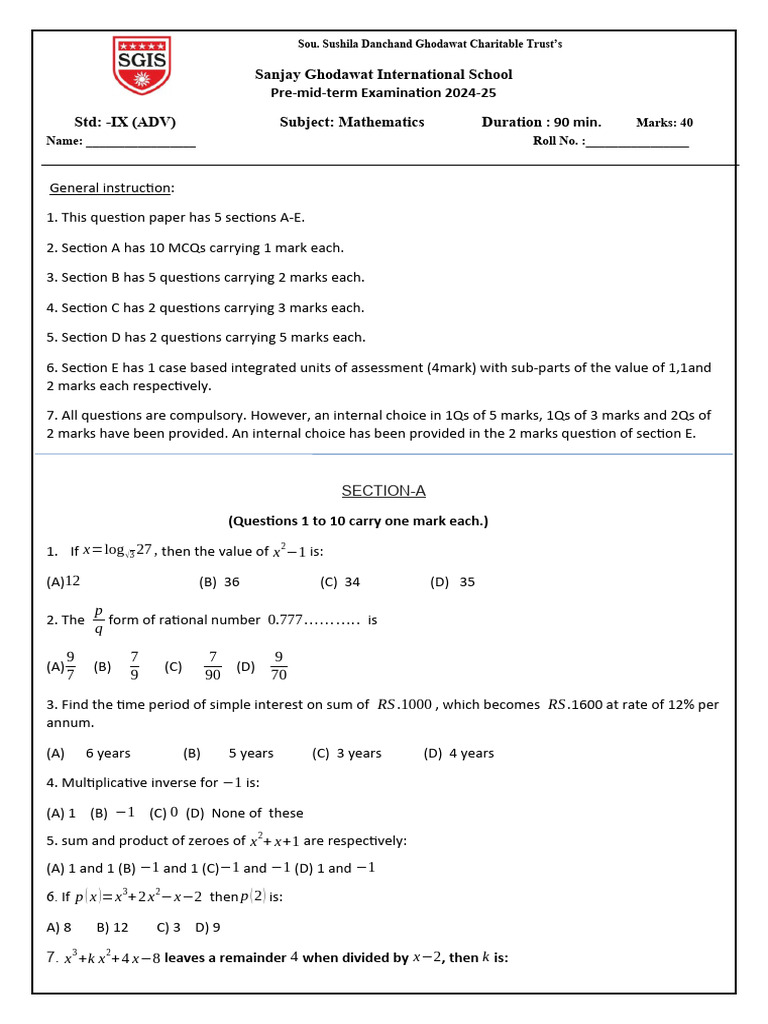 9a Advanced Pre-Mid-Term06.07.24 | PDF | Equations | Mathematical Concepts