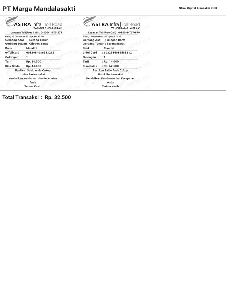 Struk Transaksi ASTRA Infra Toll Road - 205067 | PDF