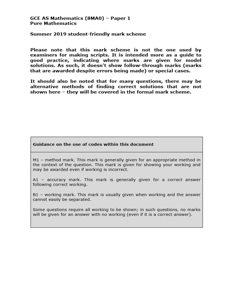Edexcel AS Maths Paper 1 MS 2019 | PDF | Equations | Mathematics