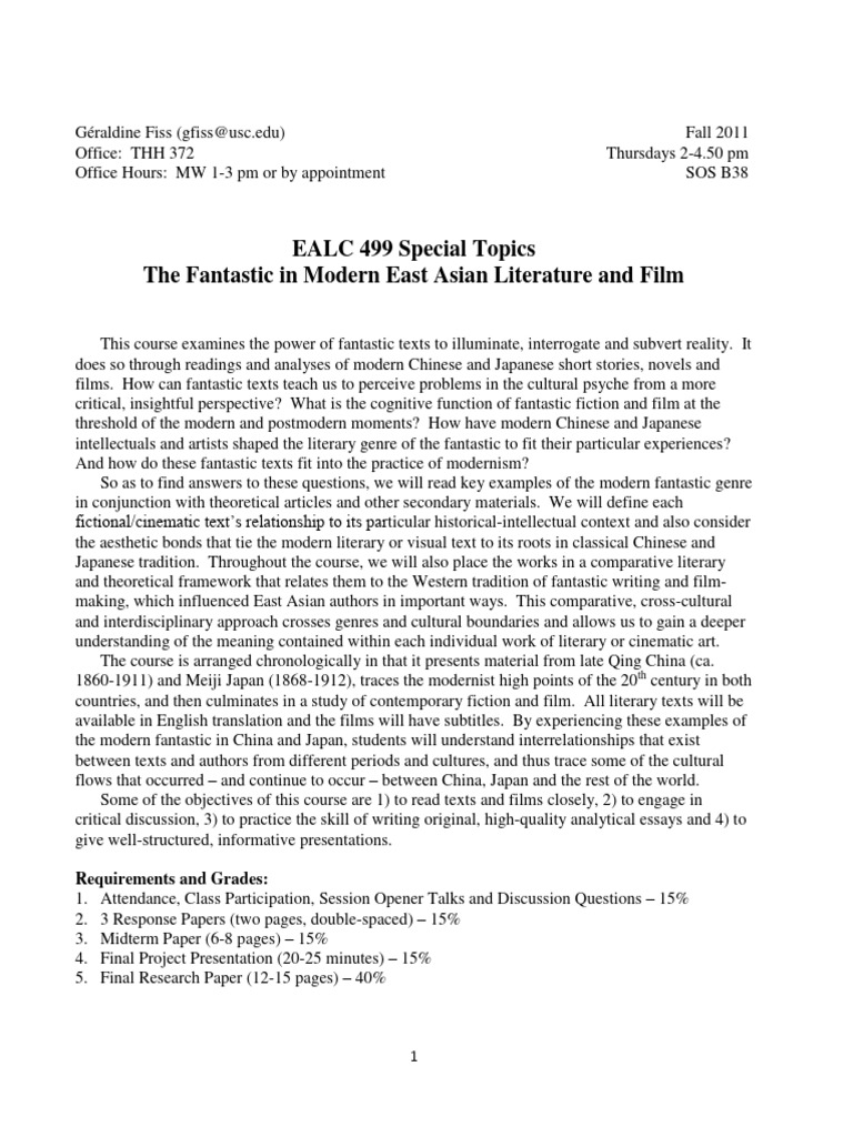 USC The Fantastic in Modern East Asian Literature and Film | PDF | Note ...