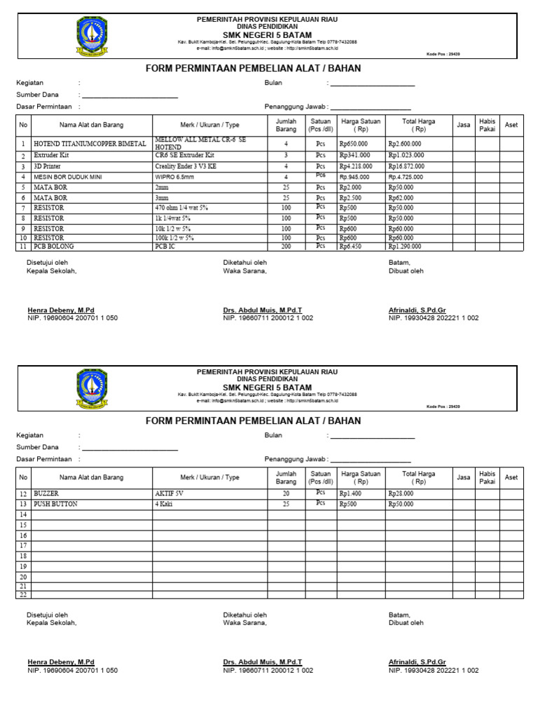 FRM 01 - Permintaan Alat Dan Bahan Elind April | PDF