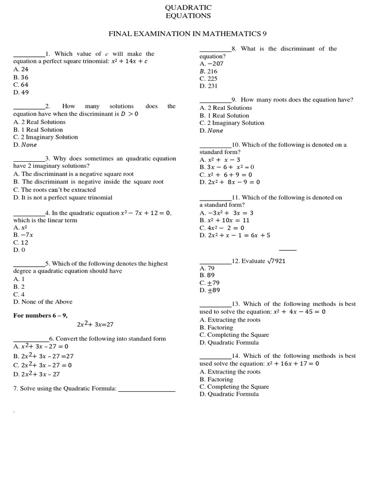 Quadratic Equations Quiz 2 | PDF | Quadratic Equation | Equations