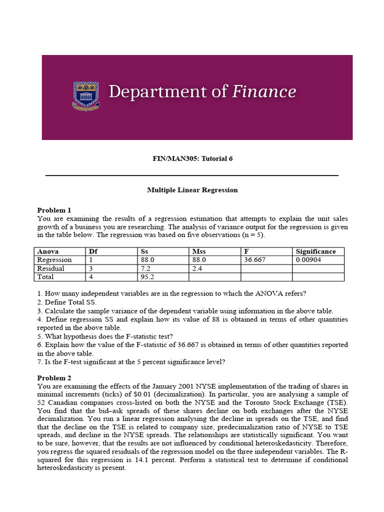 FIN-MAN305 Tutorial 6 - Multiple Linear Regression | PDF | Regression ...