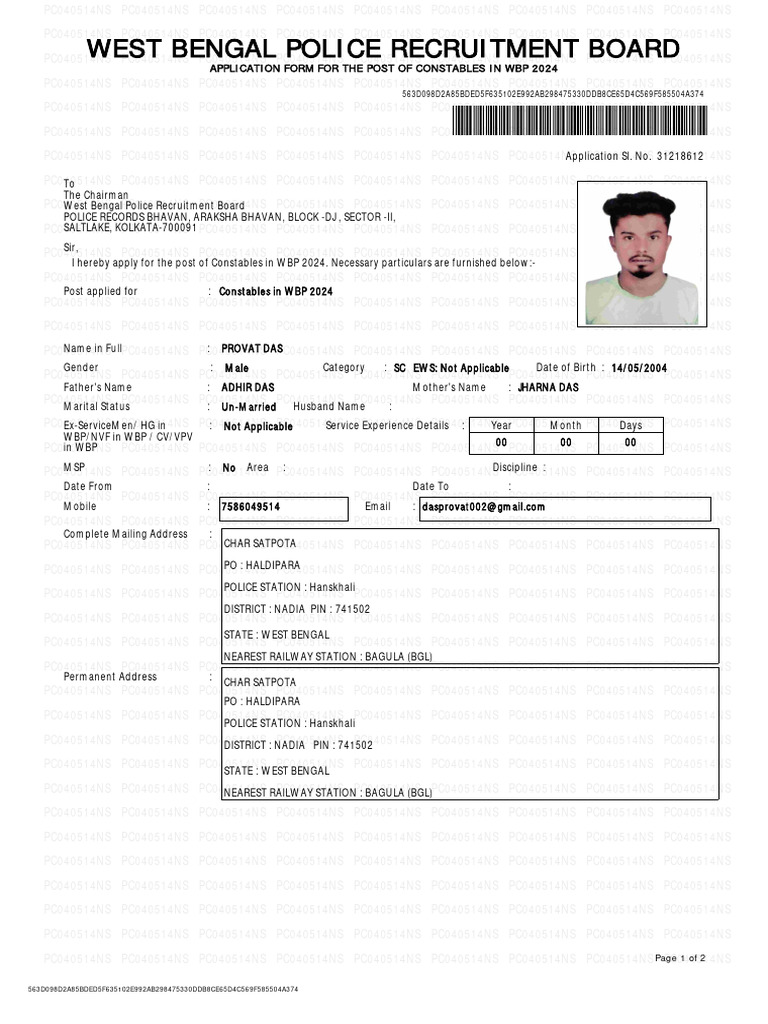 West Bengal Police Recruitment Board: Application Form For The Post of ...