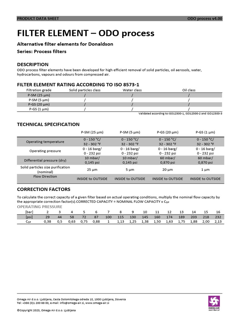 Omega - Air - Product - Data - Sheet - Filter - Element - ODO - Process ...