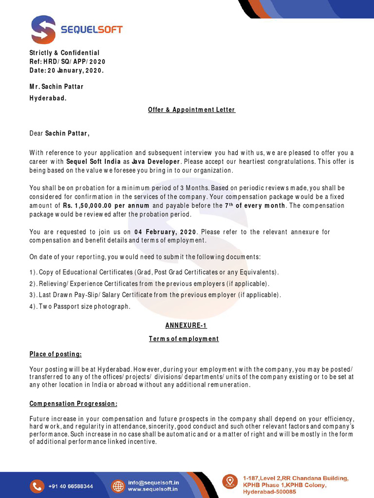 Sequelsoft Offer Letter | PDF | Salary | Business