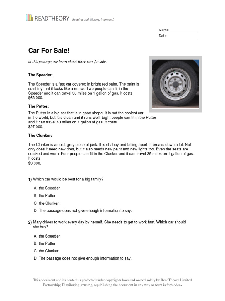 Reading-3rd Grade-Car-For-Sale-All | PDF | Business