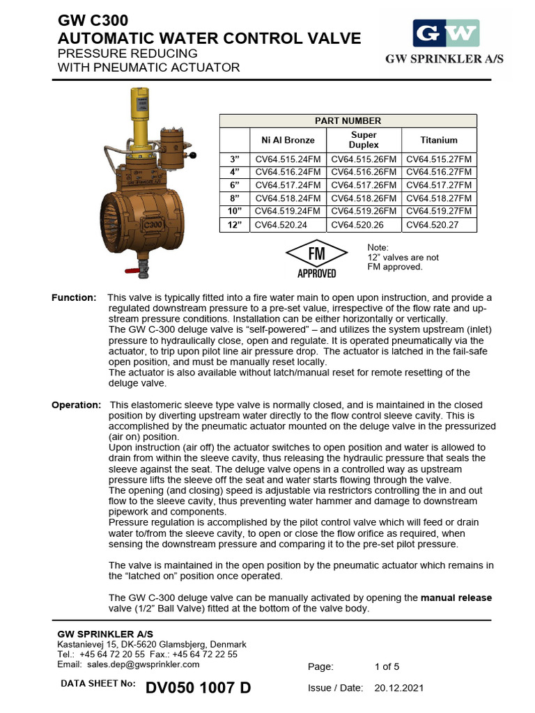 DV050 1007 D GW C-300 Automatic Water Control Valve w. Pressure Control and Pneumatic Actuator ...