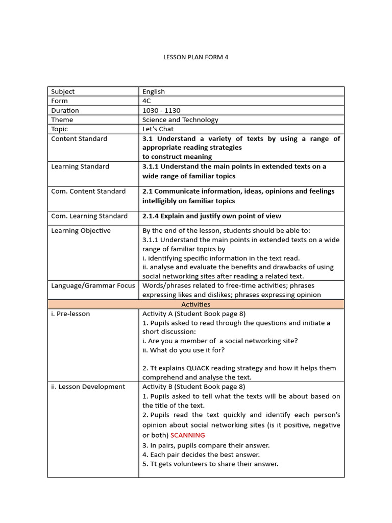 Social Networking Lesson Plan for Form 4 | PDF | Reading Comprehension ...