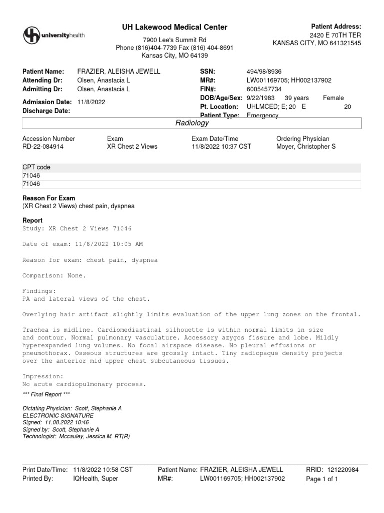 Chest X-Ray Report for Aleisha Frazier | PDF | Lung | Thorax