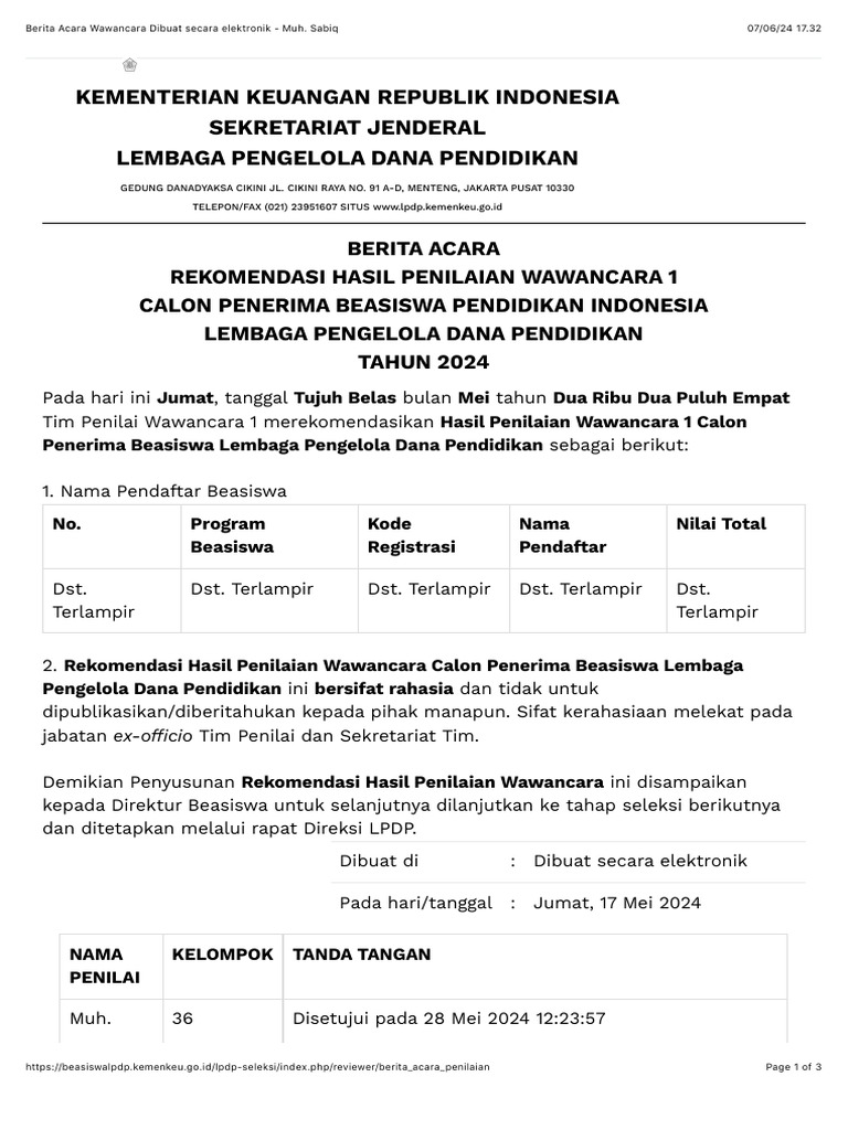 Berita Acara Wawancara Dibuat secara elektronik - Muh. Sabiq | PDF