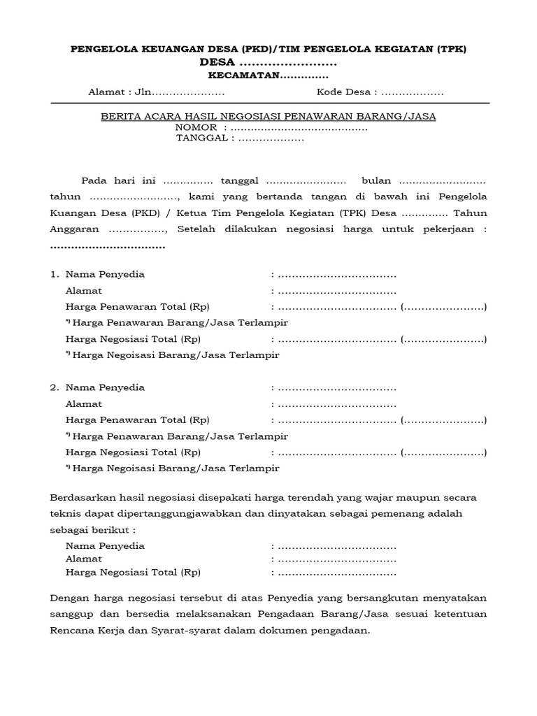 Contoh BA. Hasil Negosiasi PBJ Desa | PDF