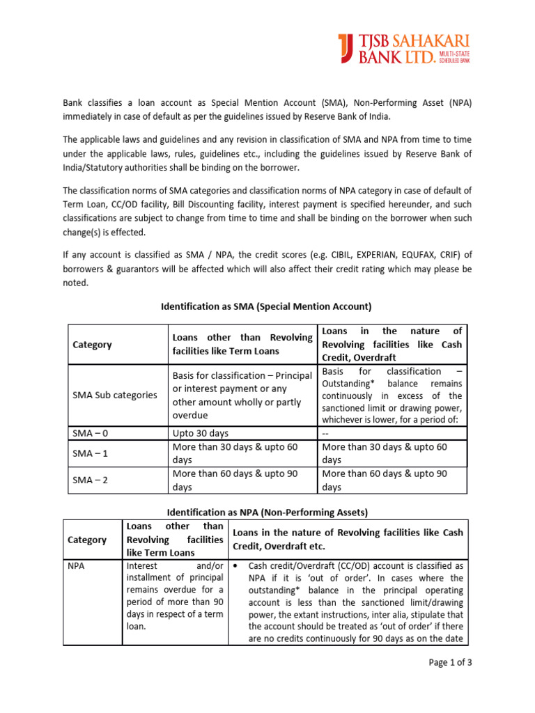 SMA NPA Classification Customer Awareness TJSB Website | PDF | Finance ...