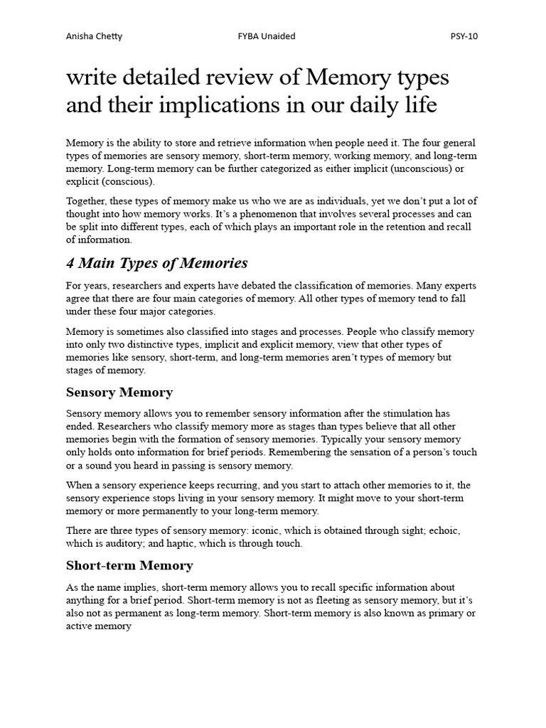 Anisha's Assignment | PDF | Memory | Long Term Memory