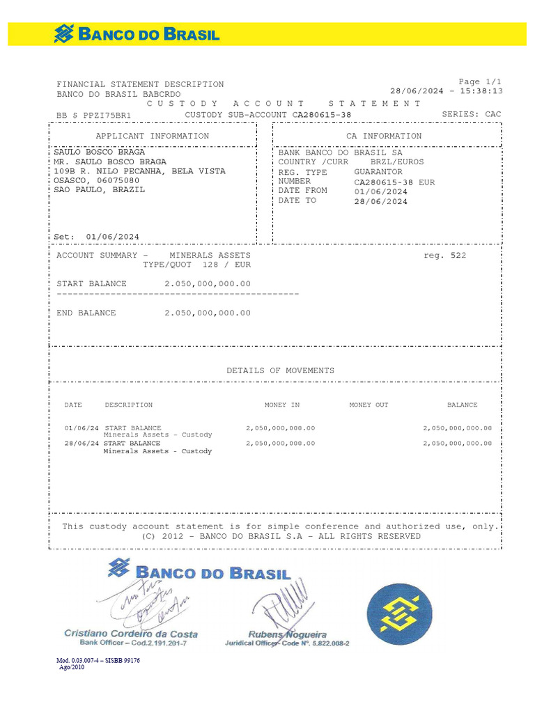 Banco do Brasil Custody Account Statement | PDF | Business | Finance ...