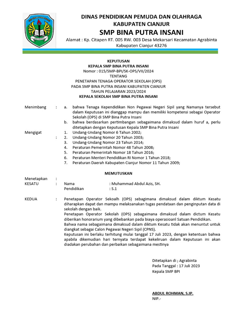 Format SK Operator Dan Permohonan Akun Dapodik | PDF