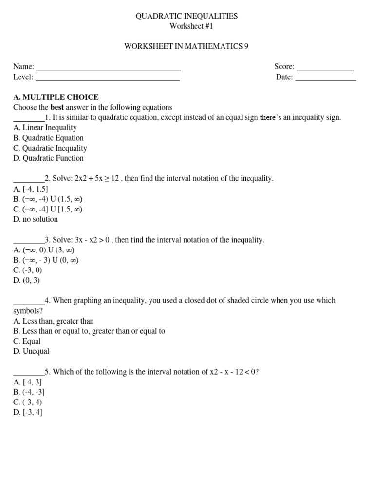 Quadratic Inequalities Worksheet 1 | PDF