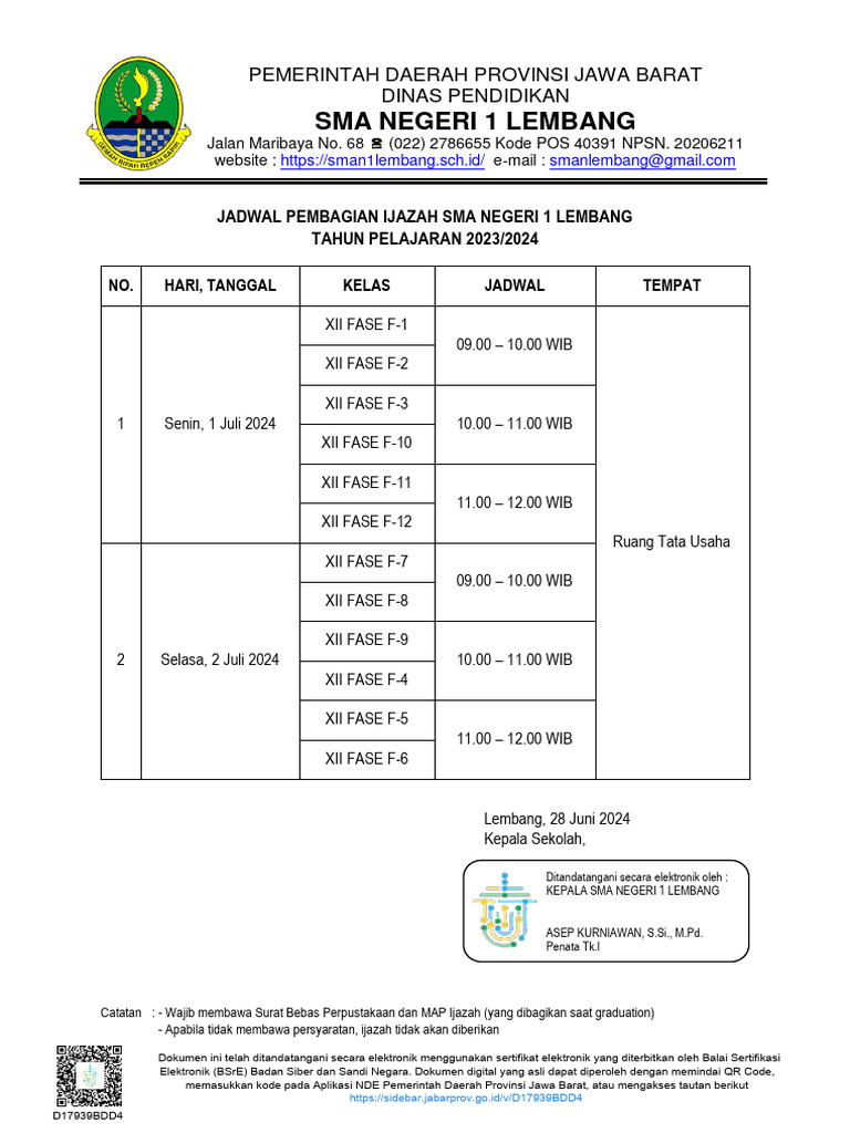 JADWAL PEMBAGIAN IJAZAH 2023 2024 29062024 050732 Signed | PDF