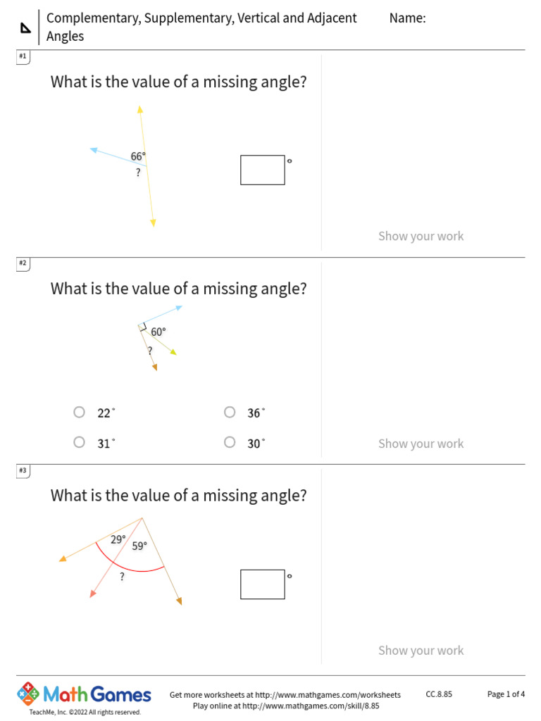 Angle Worksheets: Find Missing Angles | PDF | Elementary Geometry ...