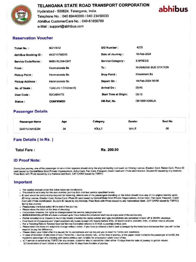 TSRTC Bus Ticket Details for Saryu Naveen | PDF | Identity Document | Ticket (Admission)
