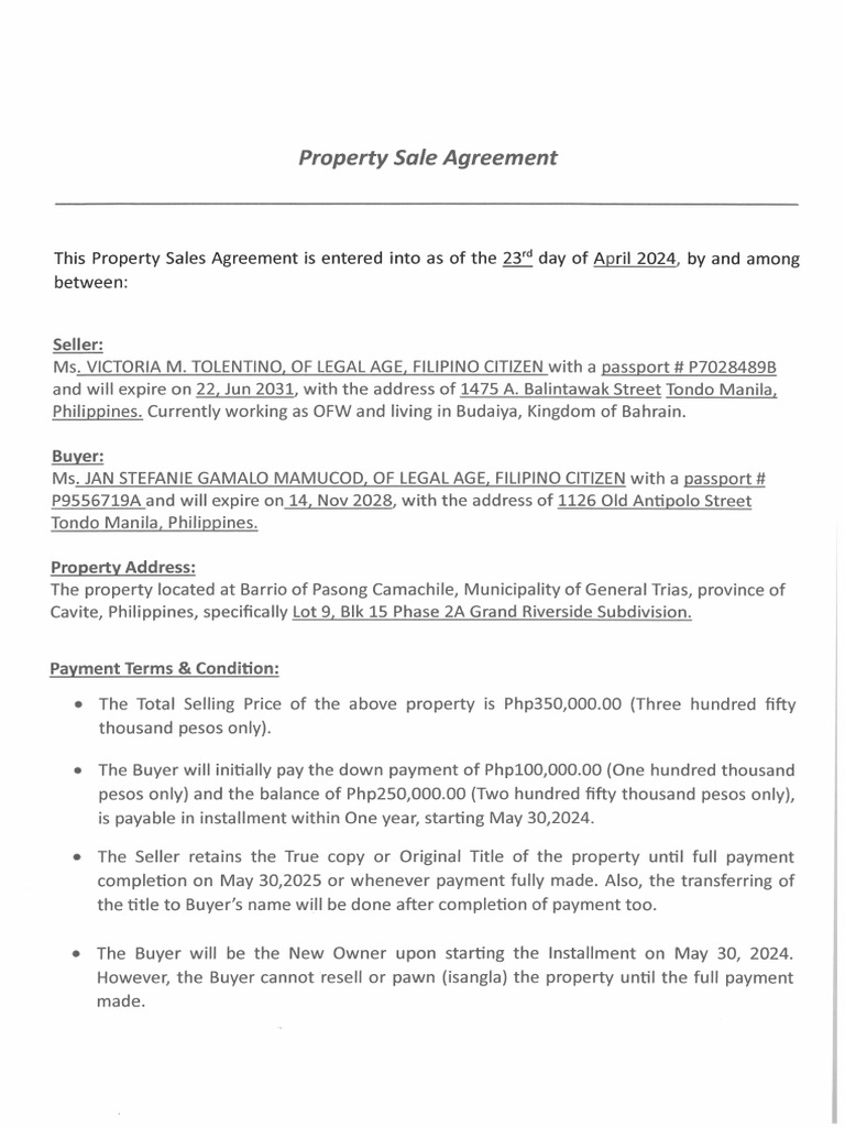 Sales Agreement Lot 9 1st Page | PDF