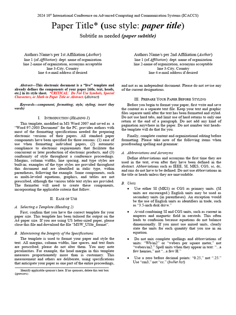 IEEE - Paper - Format - ICACCS 2024 | PDF | Note (Typography) | Bracket