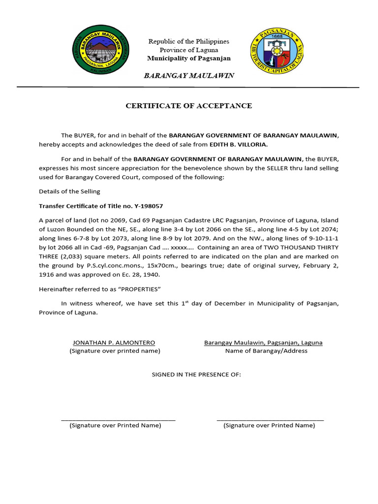 Acceptance For Deed of Donation - Edith Villoria | PDF | Common Law ...