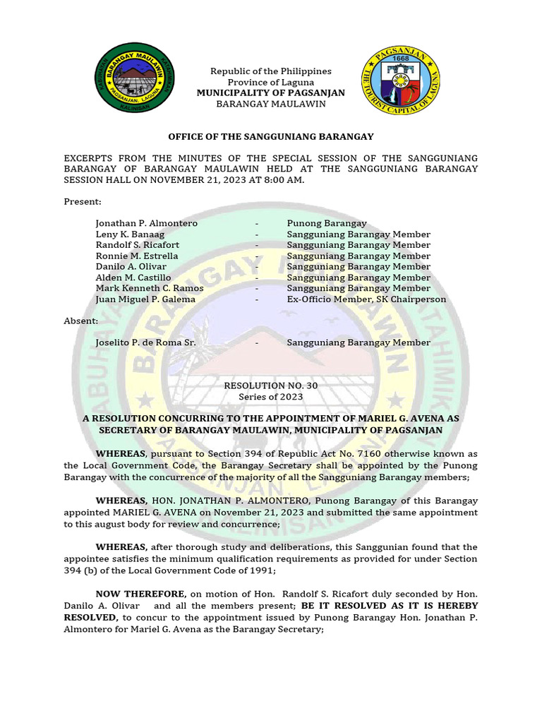 Resolution On The Appointment of Barangay Secretary | PDF | Philippines