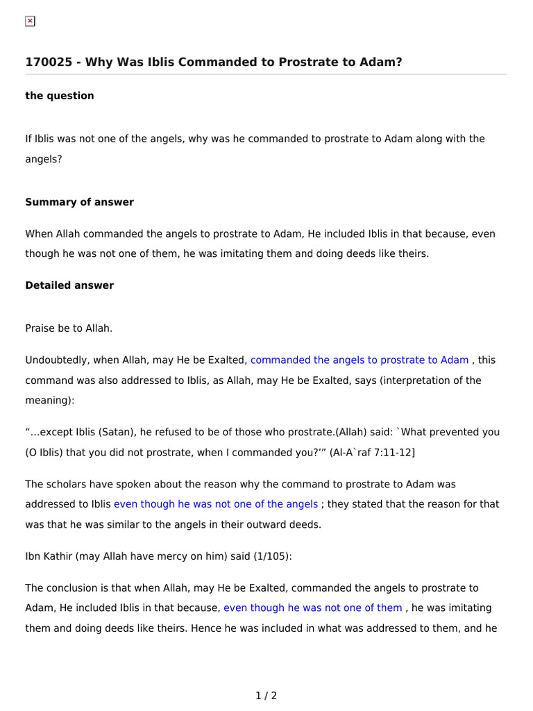 Why Was Iblis Commanded To Prostrate To Adam | PDF | God In Islam ...