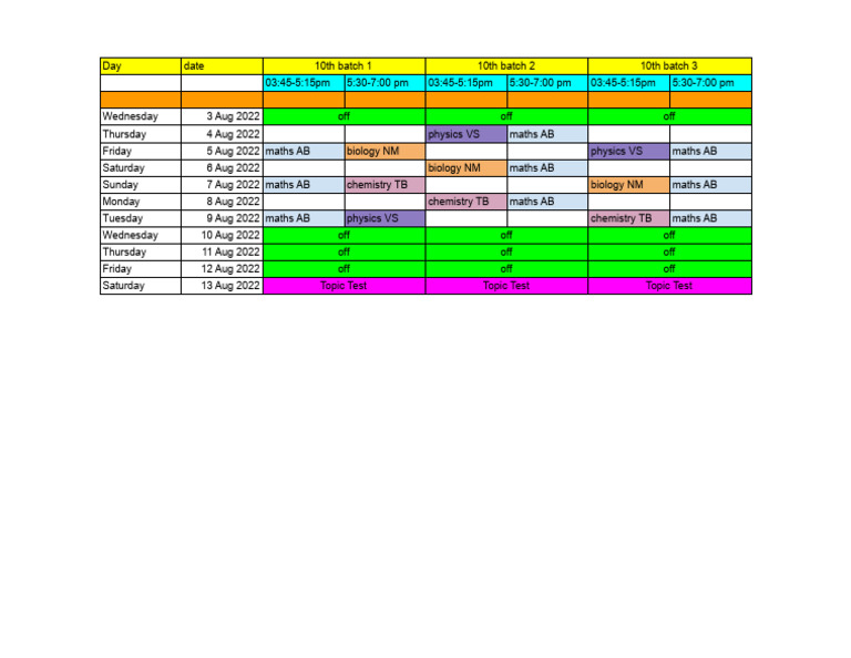 Time Table 2022-2023 - Class 10 (4th To 13th Aug) | PDF
