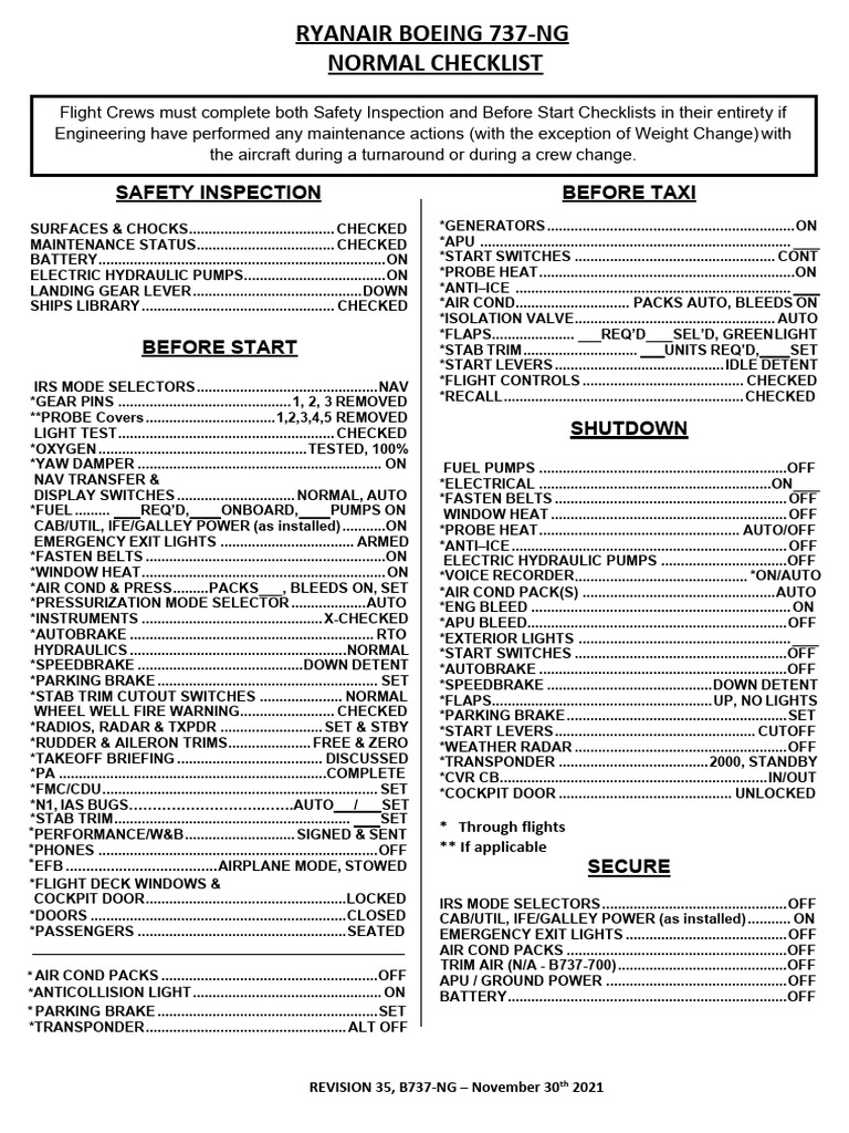 Normal Checklist b737 NG Rev 35 | PDF | Cockpit | Aviation