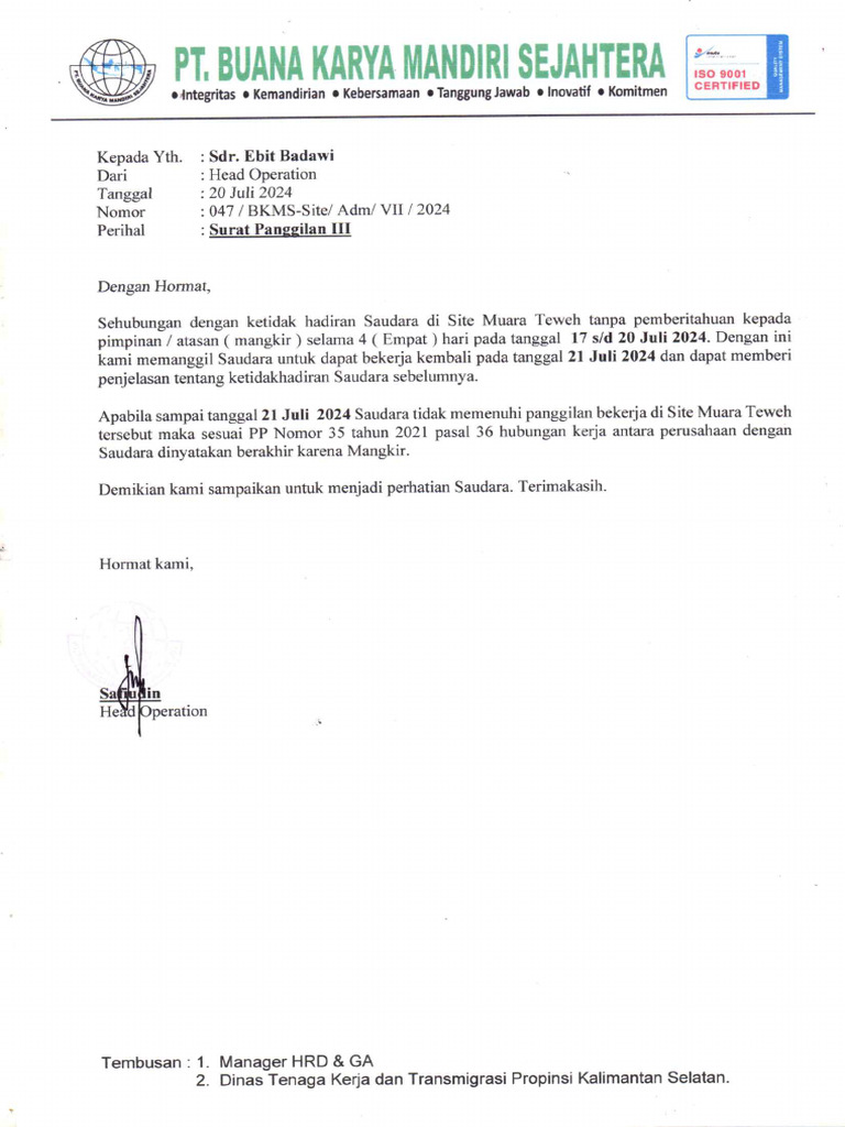 Contoh Surat Panggilan Karyawan Mangkir | PDF