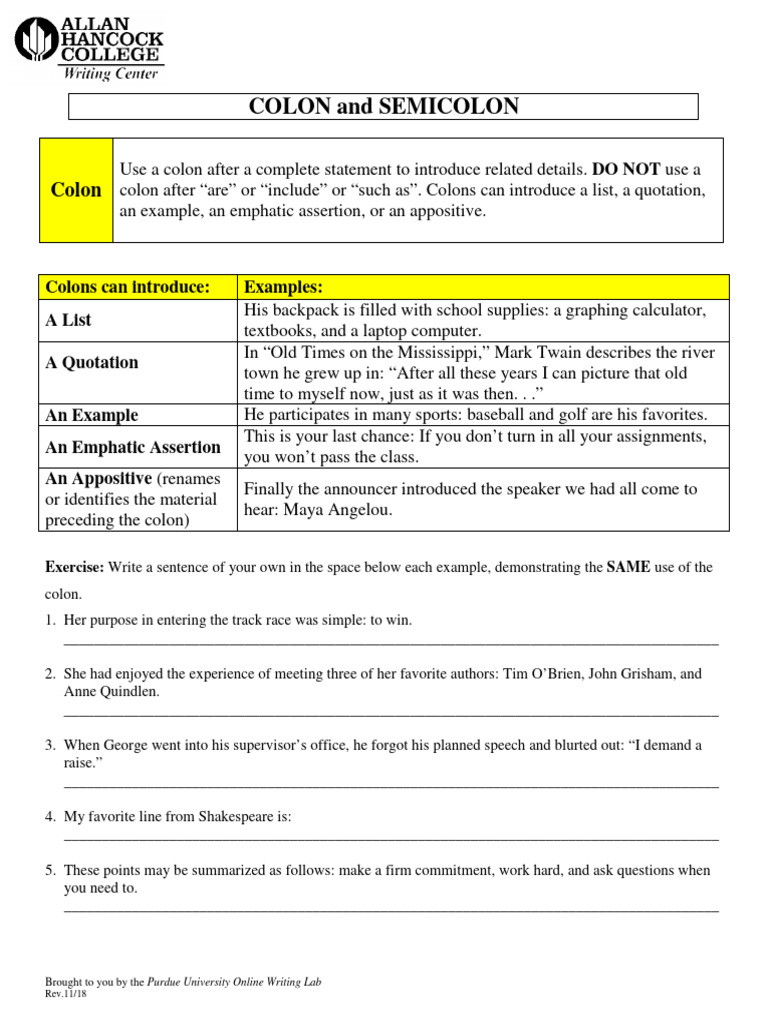 Colon and Semicolon With Exercises | PDF | Syntax | Grammar