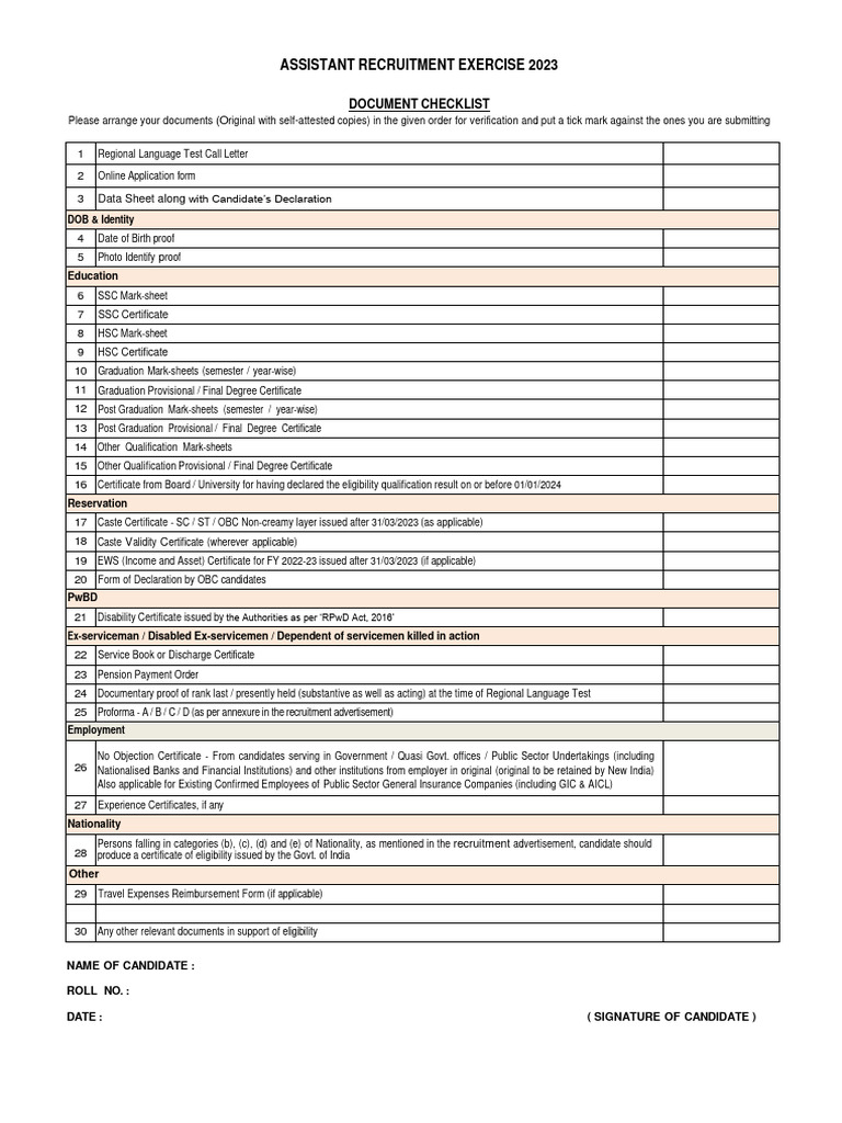 Document Checklist - Assistant Re 2023 | PDF